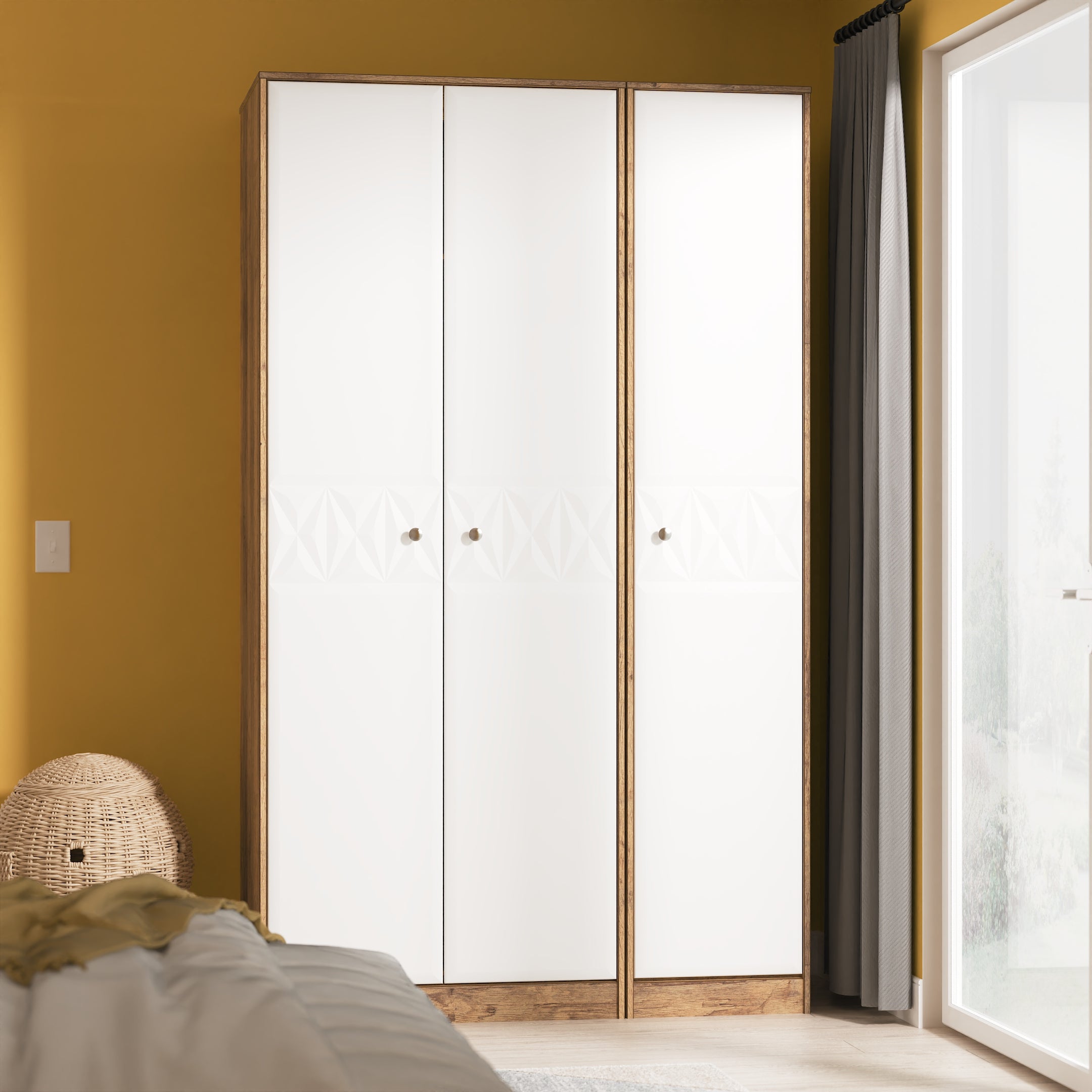 Buy Pixel 3 Door Wardrobe in White Matt and Vintage Oak Colour - Blythe ...