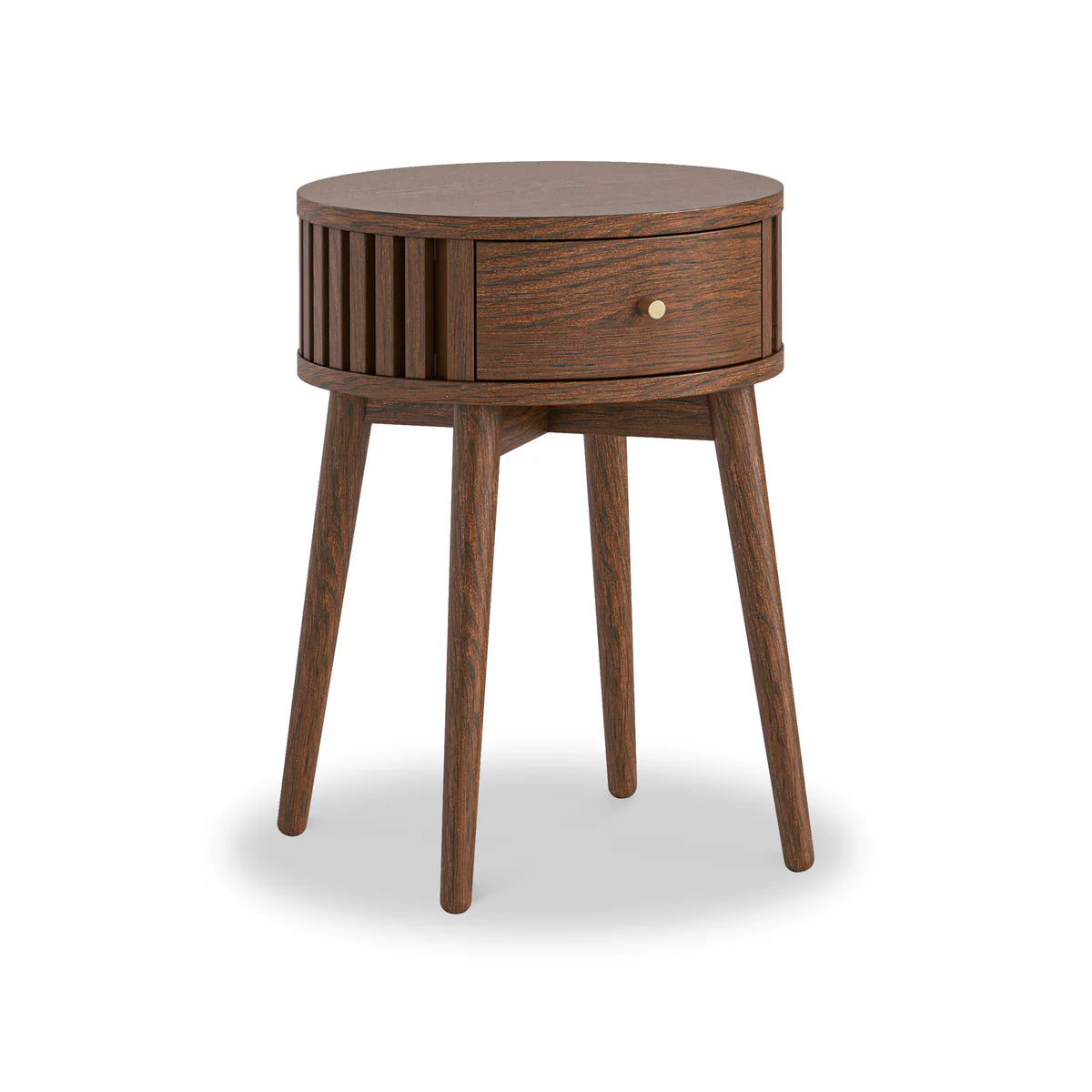 Buy Soho Dark Oak Slatted Round 1 Drawer Side Table Online | Blythe Living